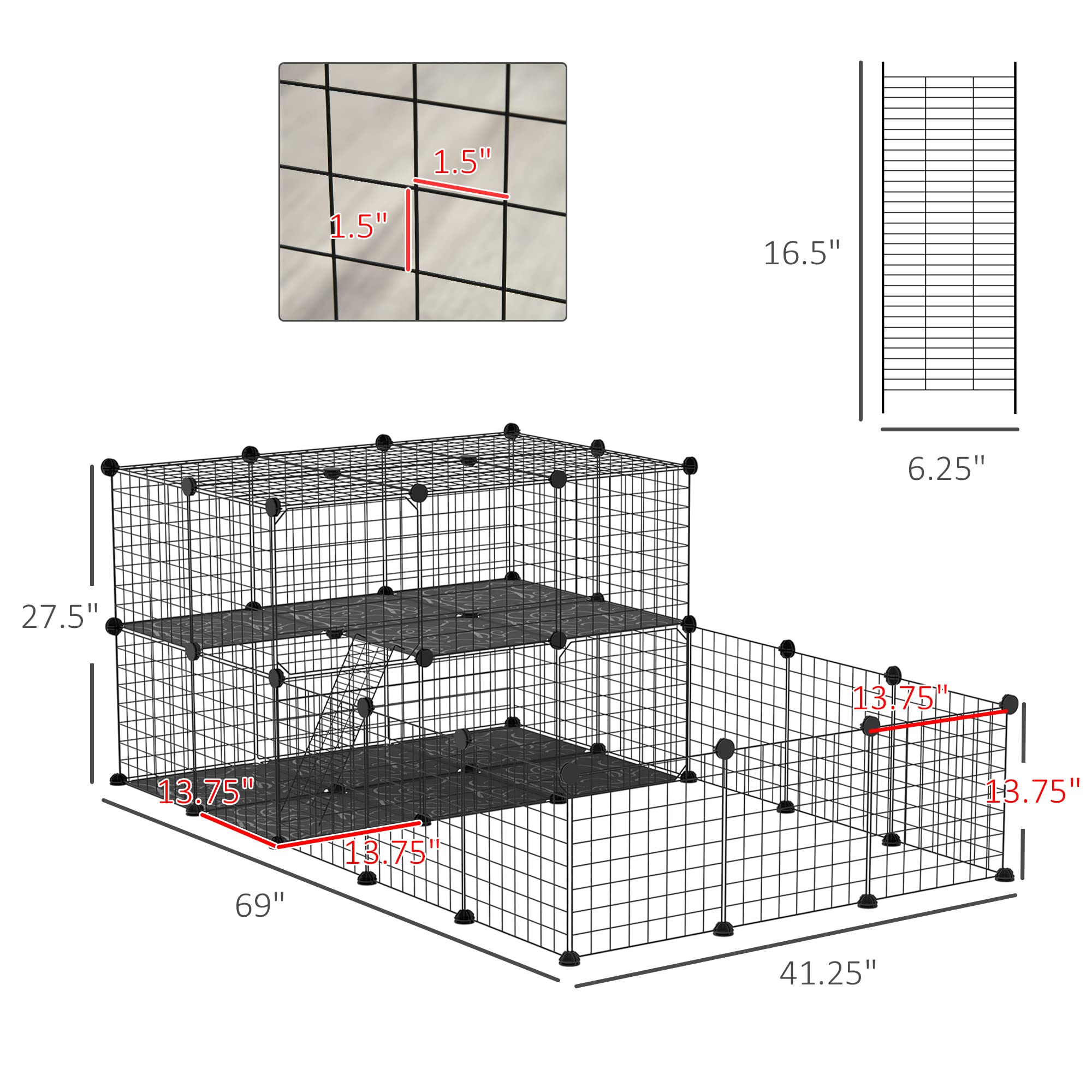 PawHut 47 Panels Pet Playpen, Small Animal Playpen with Doors, Portable Metal Wire Yard Bunny Pen for Guinea Pigs, Chinchillas, 14" x 14"