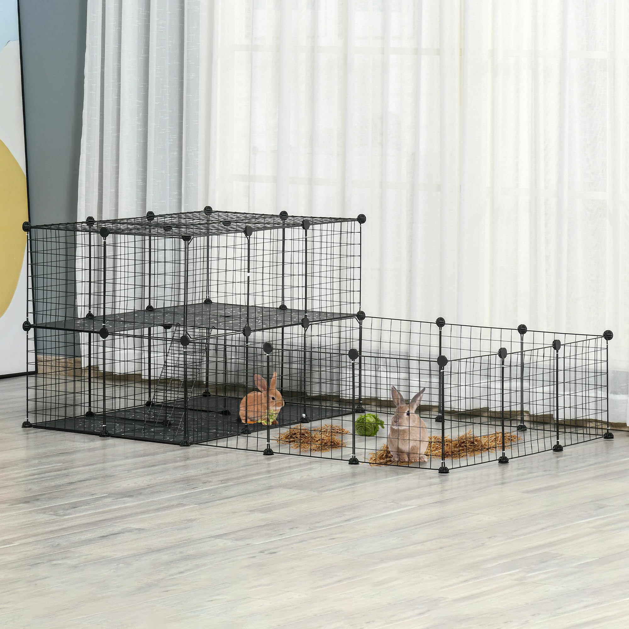 PawHut 47 Panels Pet Playpen, Small Animal Playpen with Doors, Portable Metal Wire Yard Bunny Pen for Guinea Pigs, Chinchillas, 14" x 14"