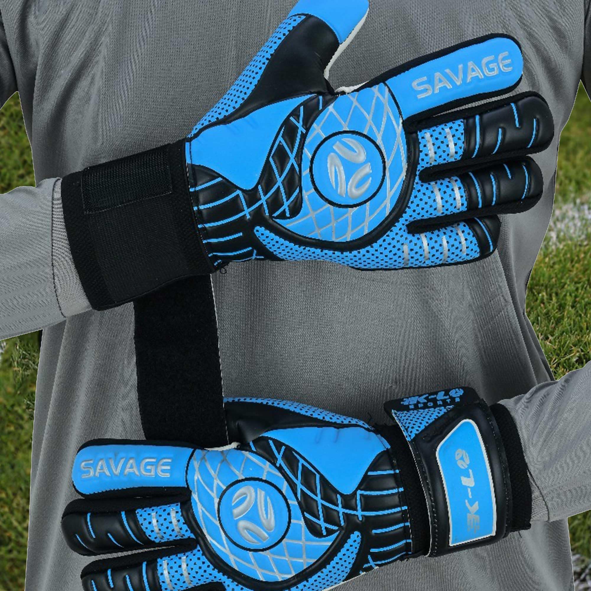 K-LO Goalkeeper Gloves: Savage Rise Soccer Goalie Gloves - Blue Size 8 (Unisex, Youth, Kids & Adult) - Fingersaves for Protection | Strong Grip Palm