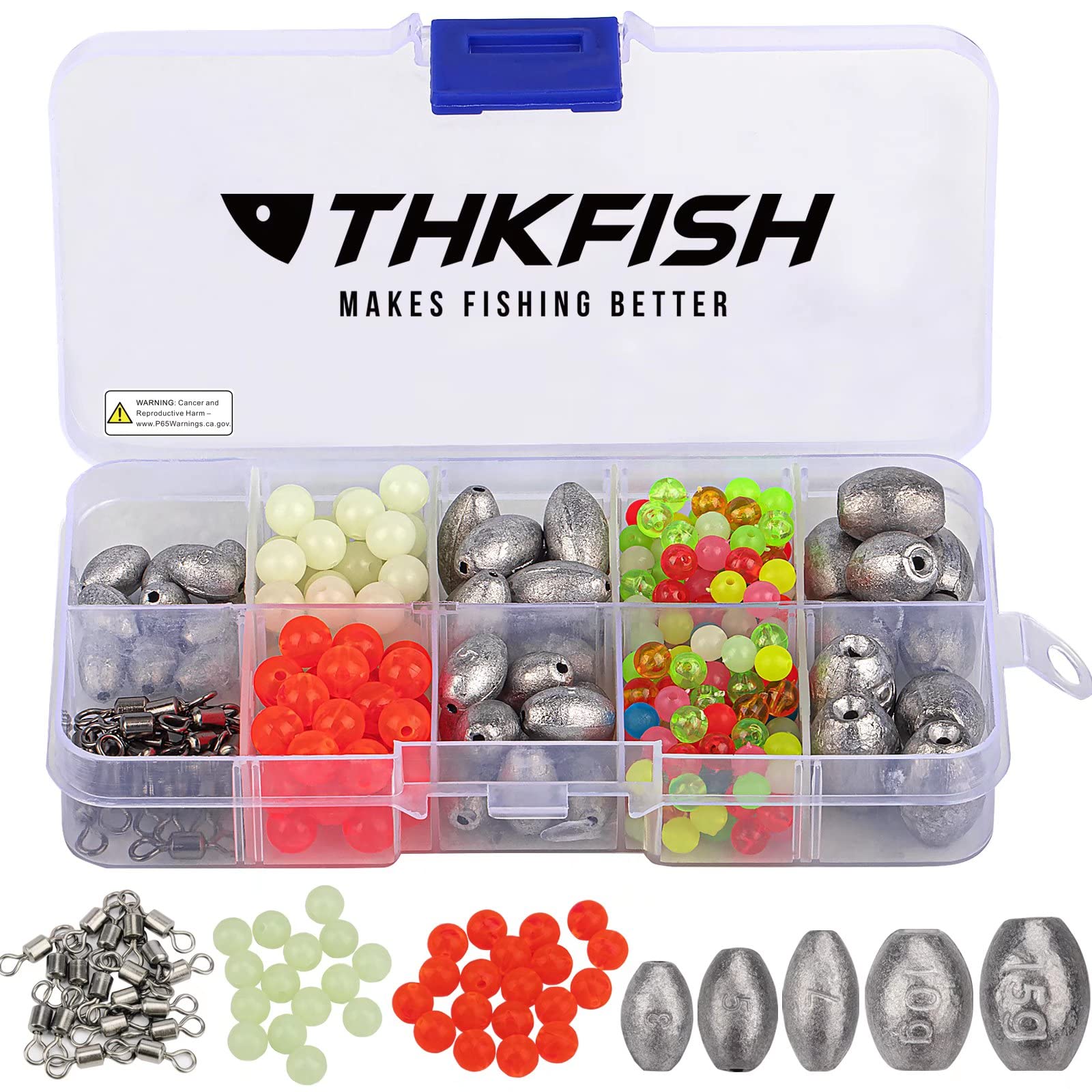 THKFISH Texas and Carolina Fishing Rig Bass Fishing Bullet-Weights for Fishing Sinkers Hooks Rolling Barrel Fishing Swivels Beads Rings Fishing Tackle Kit B2-339pcs