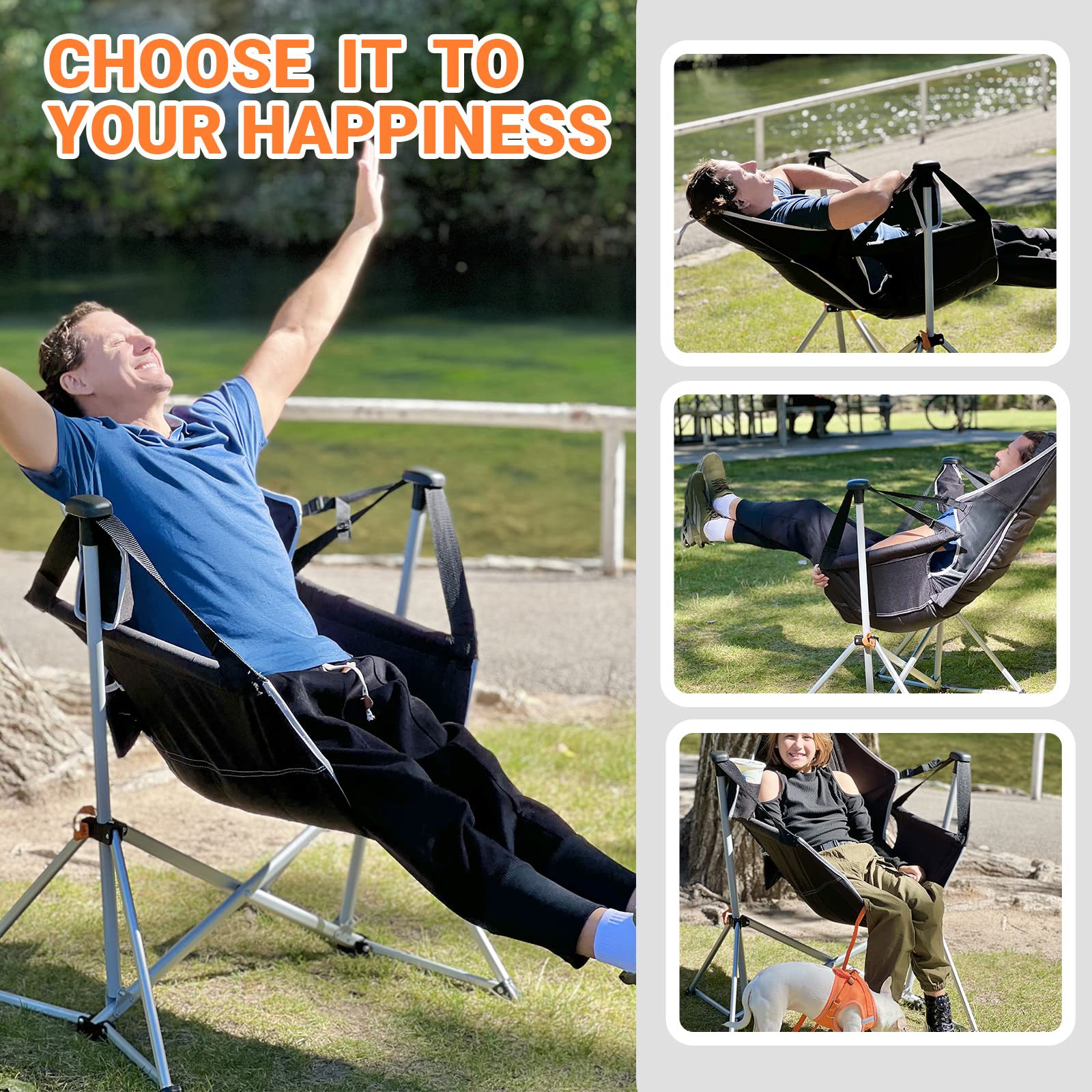 KingCamp Hammock Camping Chair Swinging Rocking Chair for Adults Lawn Beach Camp Outside Portable Folding Chair Hold Up to 264lbs with Adjustable Back Support Carrying Bag Cup Holder