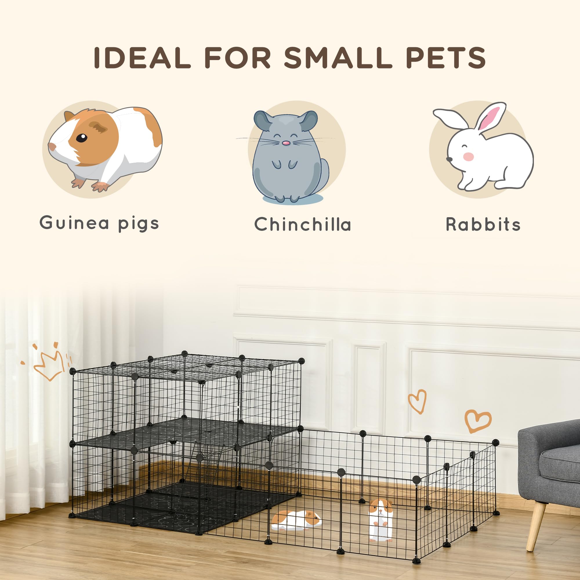 PawHut 47 Panels Pet Playpen, Small Animal Playpen with Doors, Portable Metal Wire Yard Bunny Pen for Guinea Pigs, Chinchillas, 14" x 14"