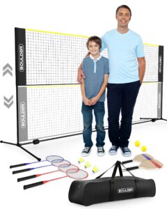 boulder sports pickleball paddles & badminton set for backyard - includes 4 rackets, 2 pickleball paddles, 3 shuttlecocks, 2 pickleballs & 2 travel bags - easy setup volleyball & racket sports net