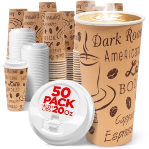 shop square 20 oz paper travel mug (50 pack) - eco friendly, durable cups with lids for hot & cold beverages