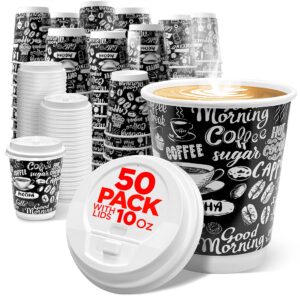 shop square 10 oz disposable hot coffee cups with lids - (50 pack), heavy duty insulated hot beverage paper to go coffee cups for tea, hot chocolate and more- no sleeve needed