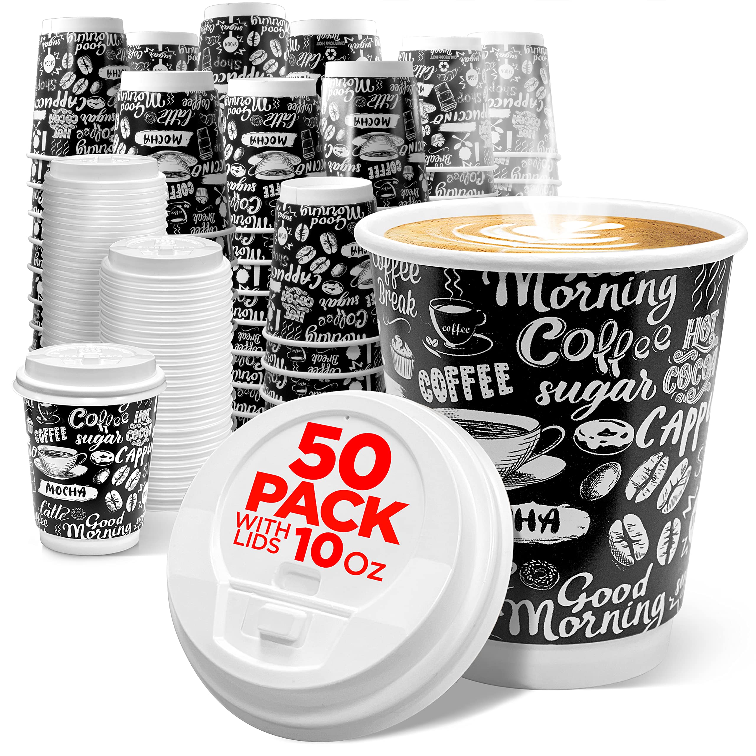 Shop Square 10 Oz Disposable Hot Coffee Cups With Lids - (50 Pack), Heavy Duty Insulated Hot Beverage Paper To Go Coffee Cups For Tea, Hot Chocolate and More- No Sleeve Needed