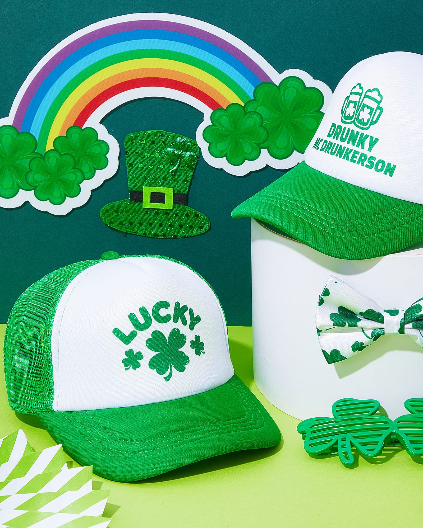 St. Patrick's Day Trucker Hat 2 Pieces Irish Green Mesh Cap Shamrock Hat Saint Patrick's Day Accessories Four-Leaf Clover Baseball Cap