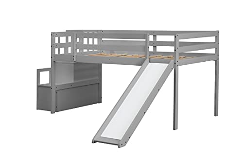 Longrune Twin Floor Loft Bed with Slide and Storage Staircase, Saving Space, for Kids Bedroom, Grey