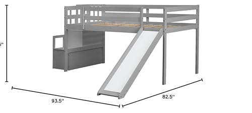 Longrune Twin Floor Loft Bed with Slide and Storage Staircase, Saving Space, for Kids Bedroom, Grey