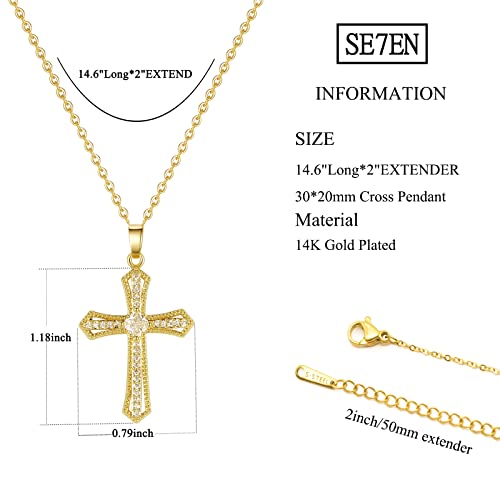 SE7EN Cross Necklace for Women - 14K Gold Plated Dainty Necklace Cross Pendant with Diamonds, Vintage Gold Necklaces for Women & Men Trendy Gift