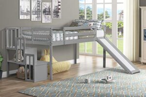 longrune twin floor loft bed with slide and storage staircase, saving space, for kids bedroom, grey