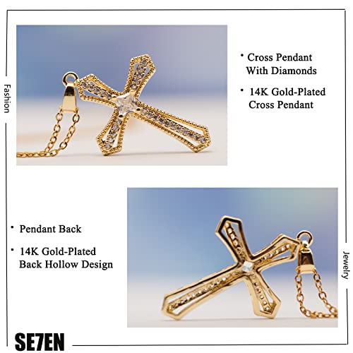 SE7EN Cross Necklace for Women - 14K Gold Plated Dainty Necklace Cross Pendant with Diamonds, Vintage Gold Necklaces for Women & Men Trendy Gift