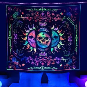 tapestry blacklight tapestry sun and moon tapestry uv reactive skull tapestries tirppy wall hanging psychedelic black light skeleton tapestry for bedroom aesthetics party decor poster 60x51 inch