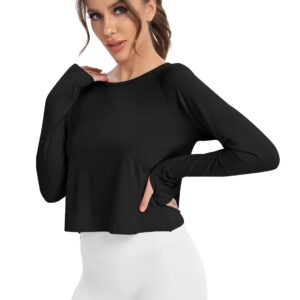 Mippo Womens Long Sleeve Workout Tops Yoga Shirts Athletic Gym Wear Cute Work Out Clothes Backless Shirts Cropped Workout Top Womens Activewear Tops for Women Black XL