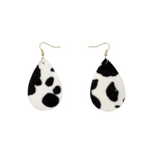 kathaya cowhide both side printed teardrop hook earrings handmade lightweight floral cow print earring for women girls dangle drop leather western earring set white black/brown (white black)