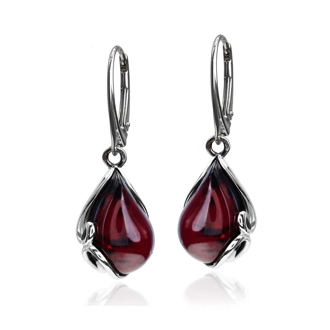 Ian and Valeri Co. Black Cherry Amber Sterling Silver Leverback Earrings