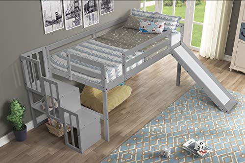 Longrune Twin Floor Loft Bed with Slide and Storage Staircase, Saving Space, for Kids Bedroom, Grey