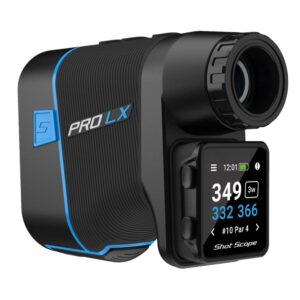 shot scope pro lx+ laser rangefinder with shot tracking (blue) - f/m/b green and hazard distances - 100+ statistics including strokes gained - adaptive slope technology - red and black dual optics