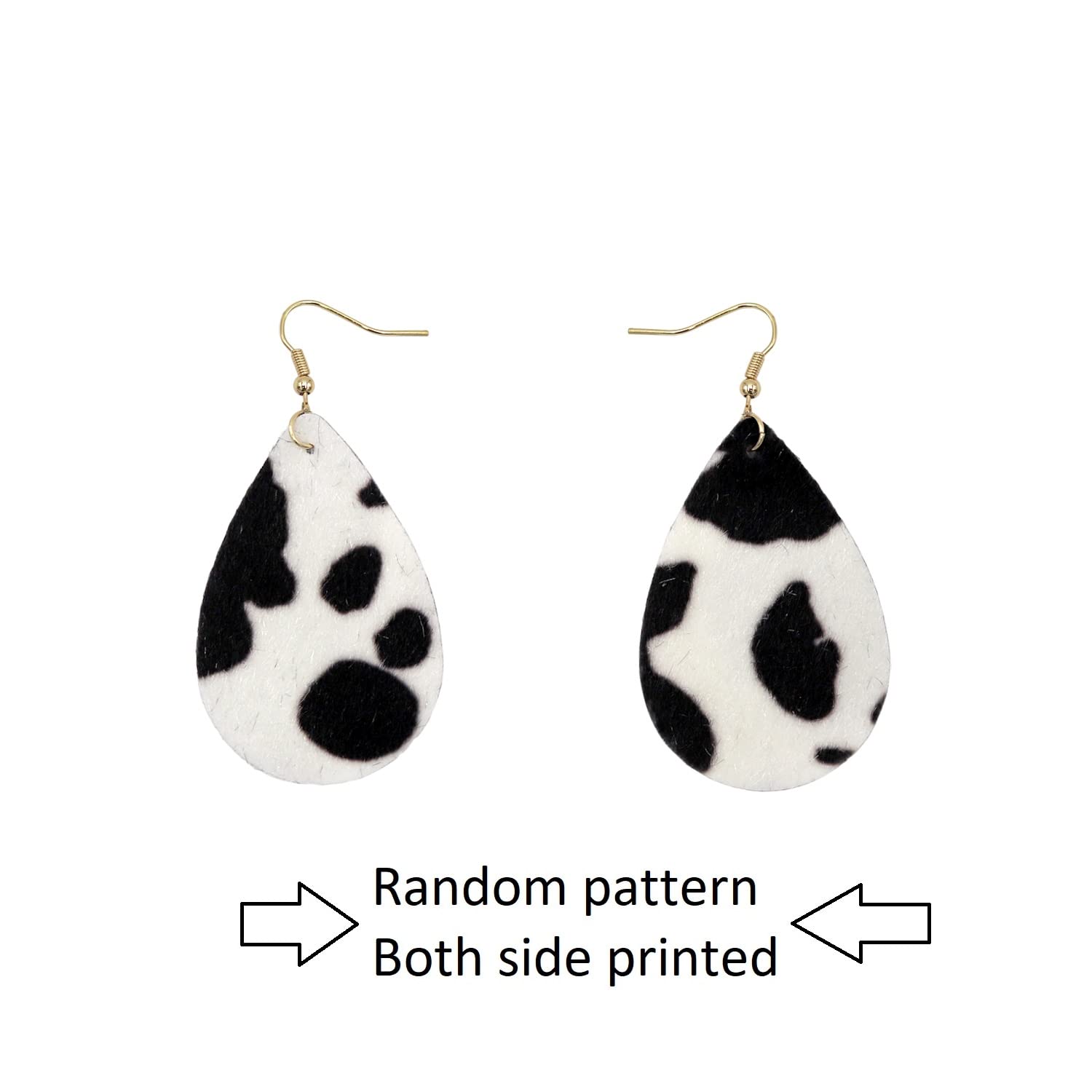 Kathaya Cowhide Both Side Printed Teardrop Hook Earrings Handmade Lightweight Floral Cow Print Earring for Women Girls Dangle Drop Leather Western Earring Set White Black/Brown (White Black)