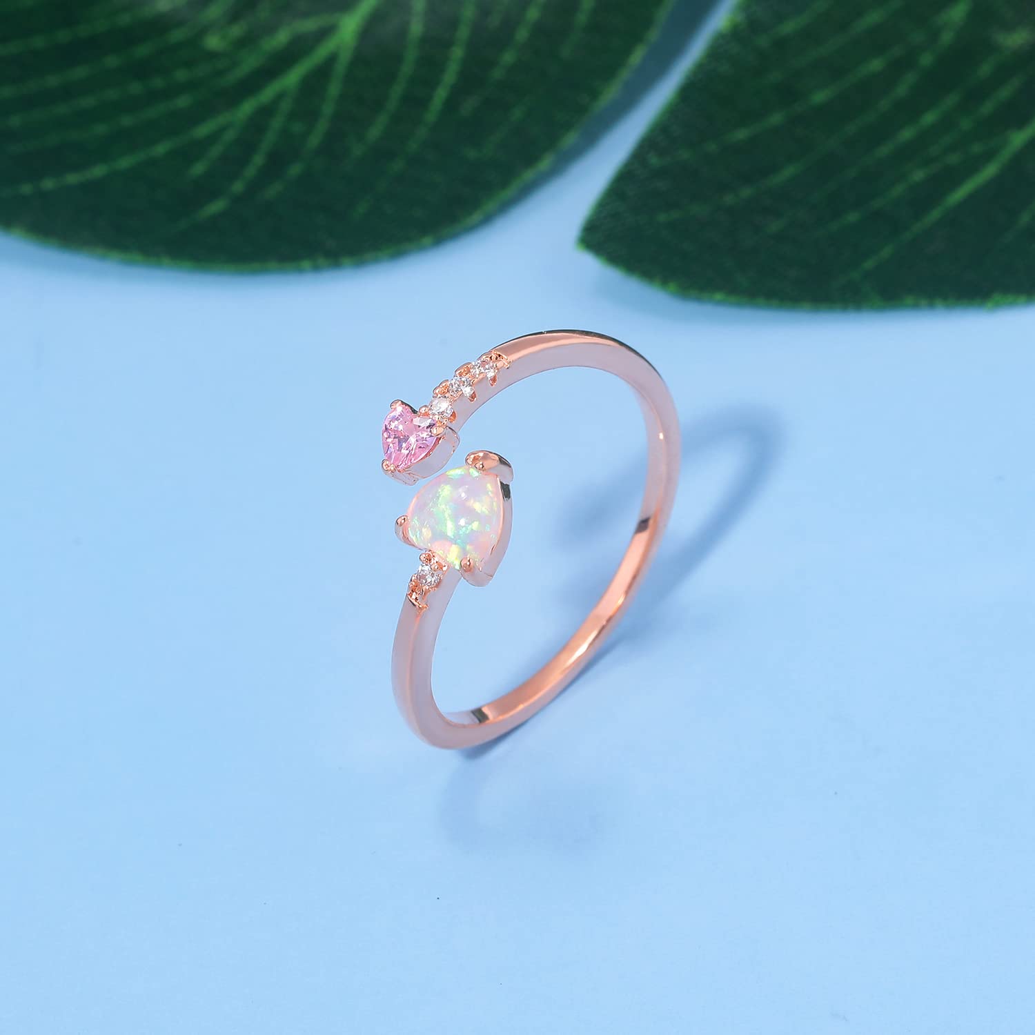 Larsidor 14K Rose Gold Plated Adjustable Heart Opal Ring for Women Ladies Stacking Rings Pink Fire Opal Jewelry