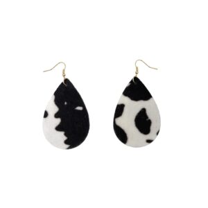 Kathaya Cowhide Both Side Printed Teardrop Hook Earrings Handmade Lightweight Floral Cow Print Earring for Women Girls Dangle Drop Leather Western Earring Set White Black/Brown (White Black)