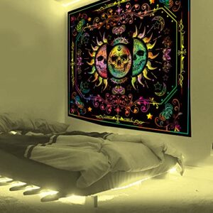 Tapestry Blacklight Tapestry Sun and Moon Tapestry UV Reactive Skull Tapestries Tirppy Wall Hanging psychedelic Black light Skeleton Tapestry for bedroom aesthetics Party Decor Poster 60x51 inch