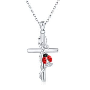 925-sterling-silver cross necklace for women - cute red ladybug necklaces religious pendant hypoallergenic ladybug jewelry birthday christmas gift for teen daughter mother (ladybug cross necklace)