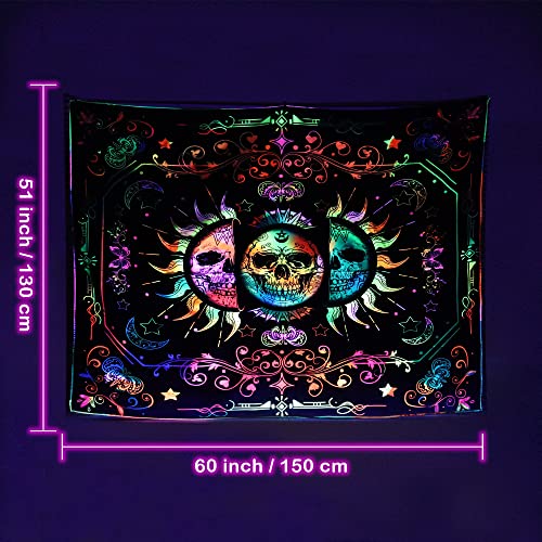 Tapestry Blacklight Tapestry Sun and Moon Tapestry UV Reactive Skull Tapestries Tirppy Wall Hanging psychedelic Black light Skeleton Tapestry for bedroom aesthetics Party Decor Poster 60x51 inch