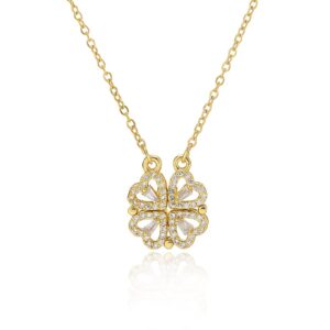 vivkunulo four leaf clover necklace, 14k gold plated, heart convertible necklace, for women, 15.8”+2”inch (yellow gold)