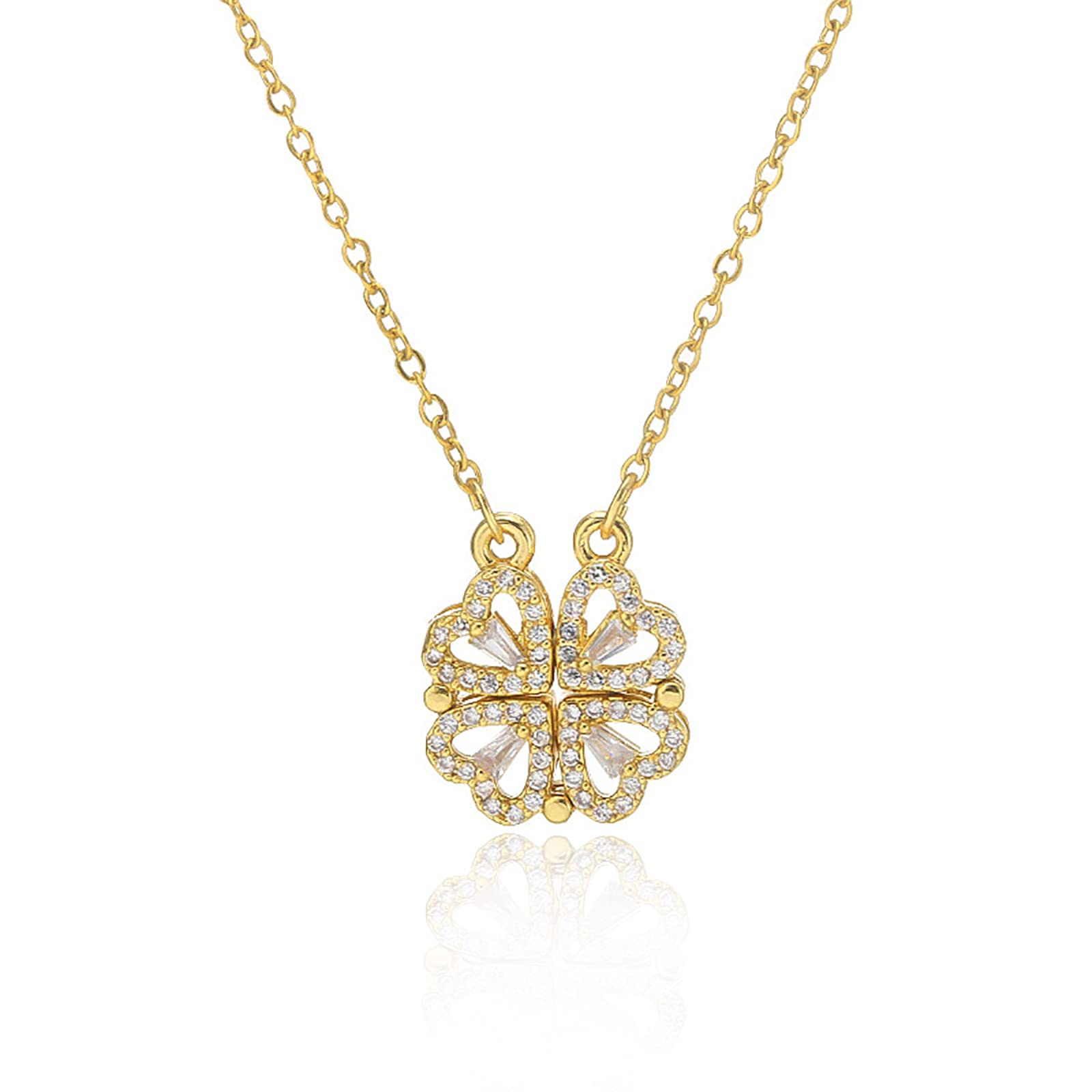 Vivkunulo Four Leaf Clover Necklace, 14K Gold Plated, Heart Convertible Necklace, for Women, 15.8”+2”inch (Yellow Gold)