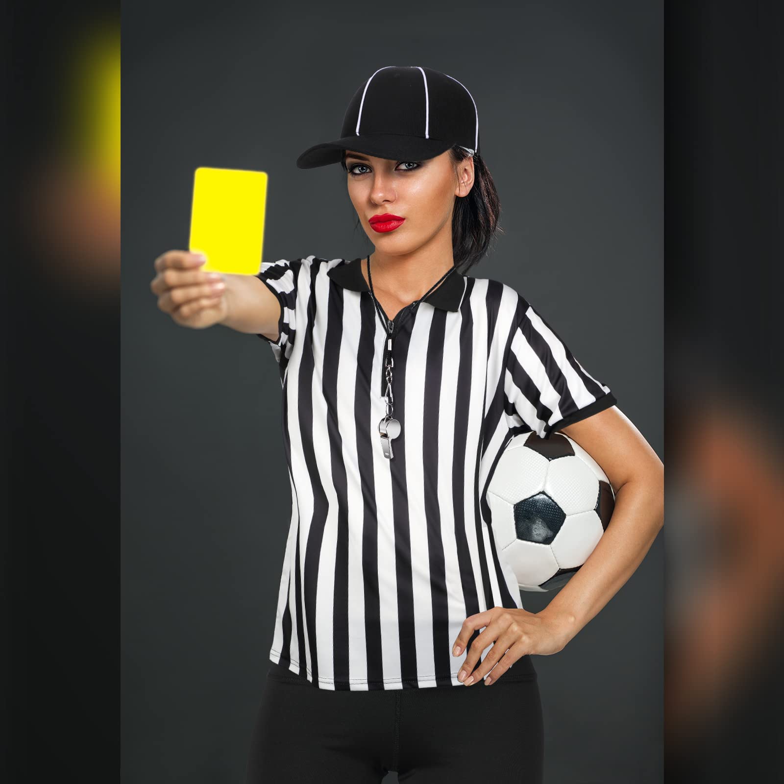 Women Referee Costume Black and White Stripe Ref Shirt Jersey Shorts Referee Hat for Carnival Party Halloween Cosplay Party (XX-Large)