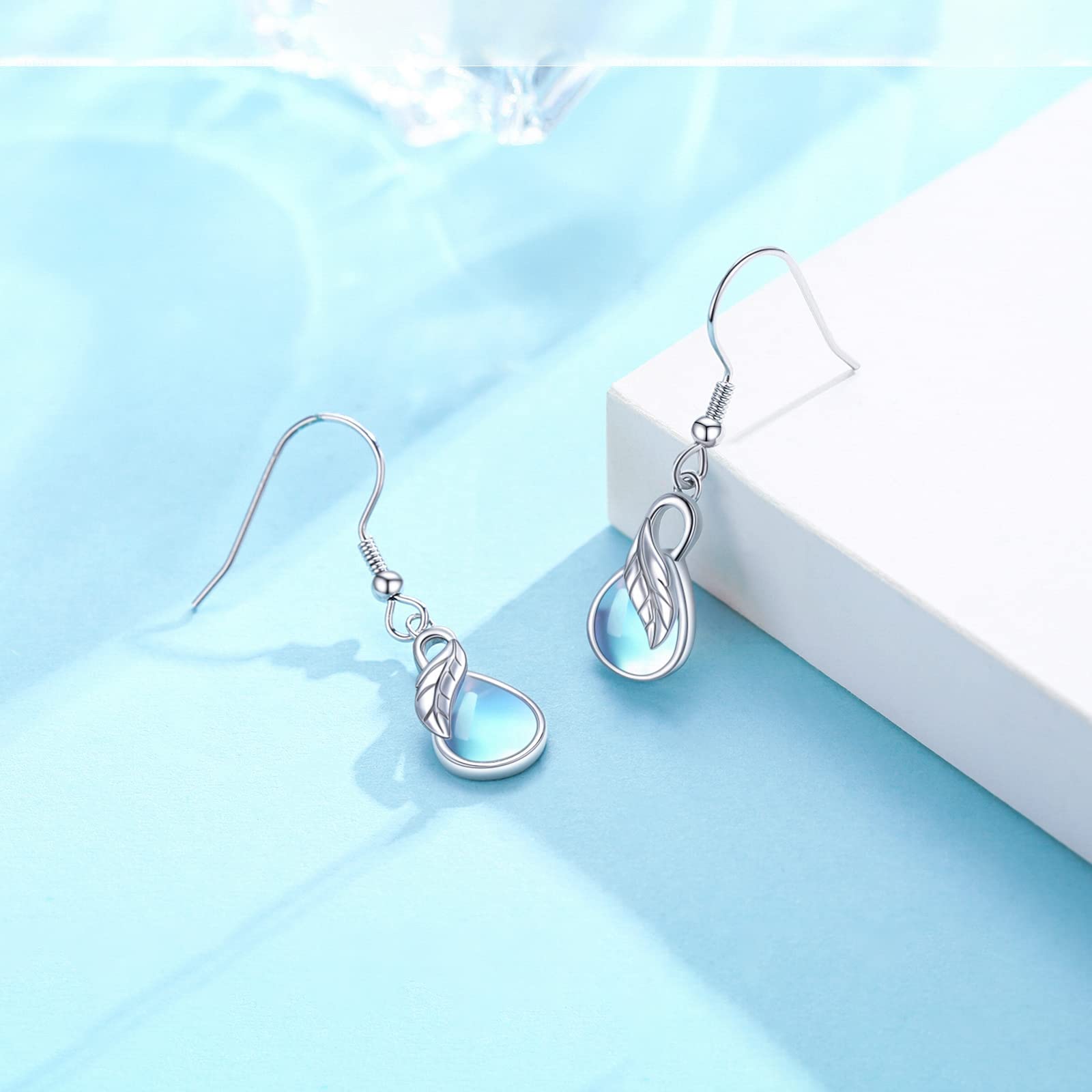 Midir&Etain Crystal Flower/Daisy 925 Sterling Silver Hoop Earrings Moonstone Daisy Jewelry Birthday Valentine's Day Christmas Gift for Women (Moonstone Leaf Earrings)