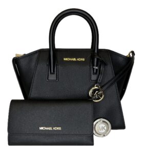 michael kors michael michael kors avril small logo top-zip satchel bundled with trifold wallet purse hook (black)