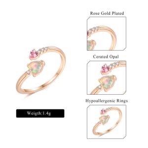 Larsidor 14K Rose Gold Plated Adjustable Heart Opal Ring for Women Ladies Stacking Rings Pink Fire Opal Jewelry