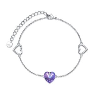 amethyst bracelet sterling silver heart purple crystal bracelet for women,7+2 inch