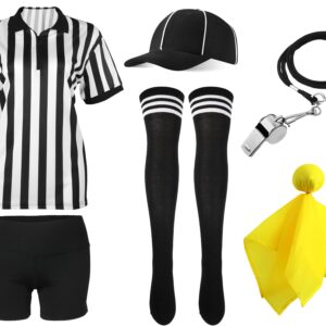 Women Referee Costume Black and White Stripe Ref Shirt Jersey Shorts Referee Hat for Carnival Party Halloween Cosplay Party (XX-Large)