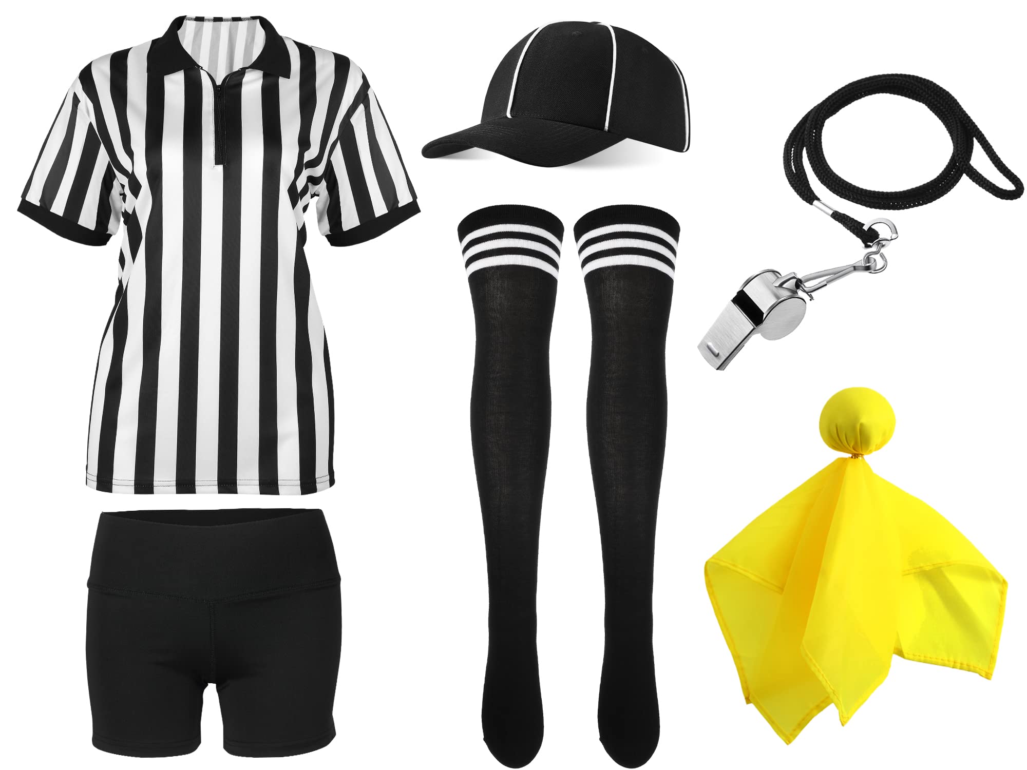 Women Referee Costume Black and White Stripe Ref Shirt Jersey Shorts Referee Hat for Carnival Party Halloween Cosplay Party (XX-Large)