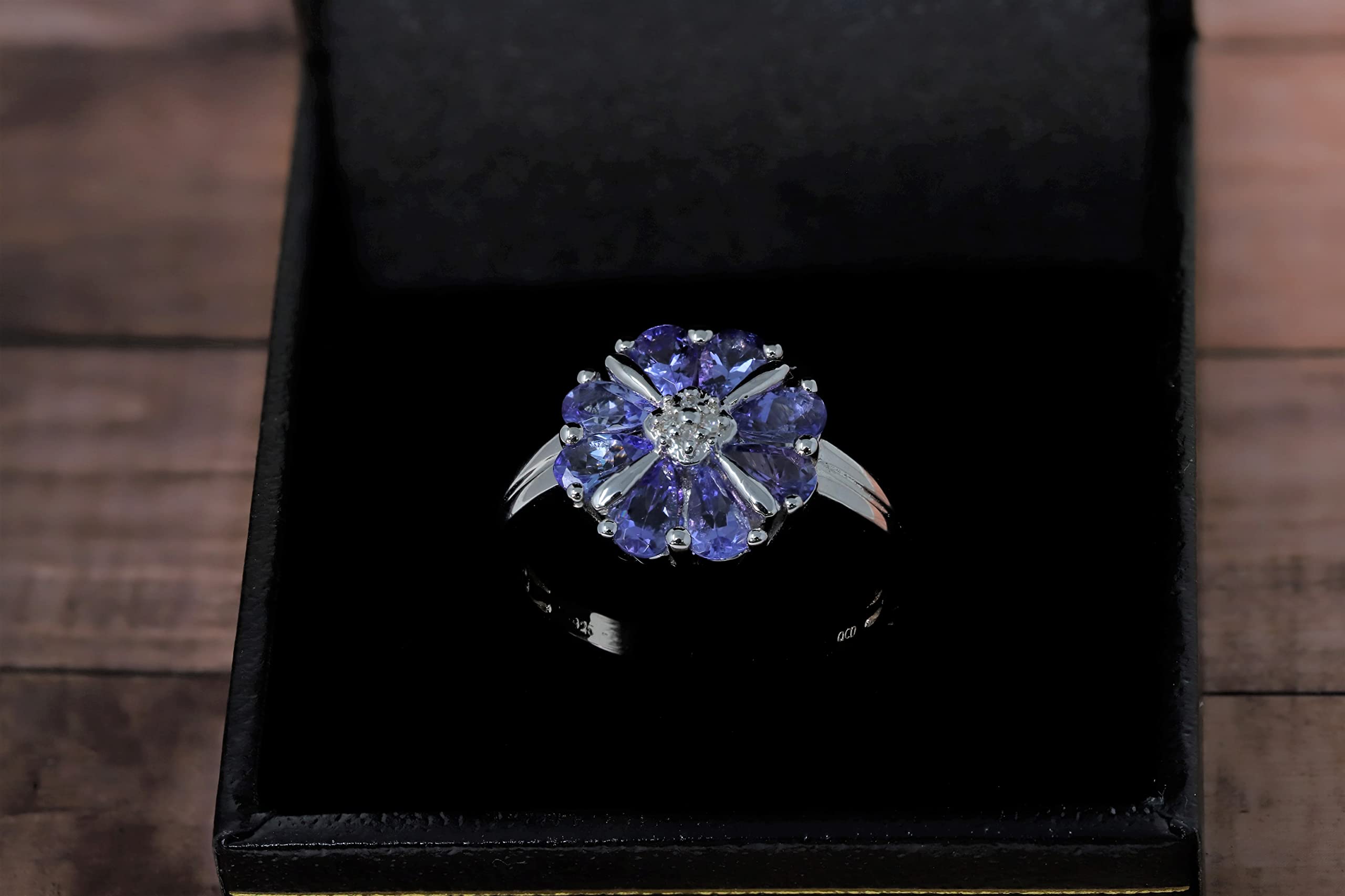 KOKAV 925 Sterling Silver Pear Shape Tanzanite Diamond Accent Flower Ring, Size 8