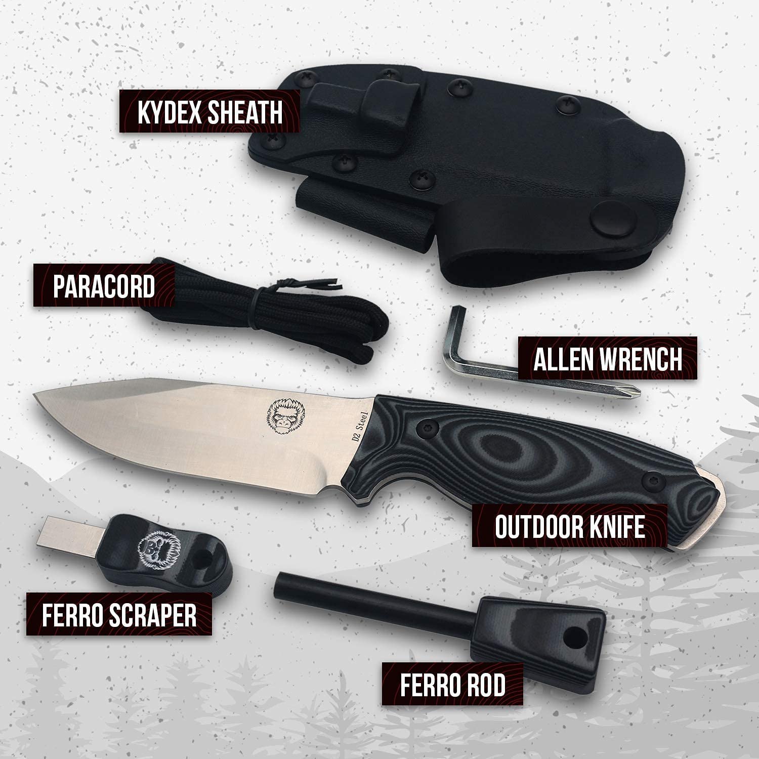 D2 Damascus Steel Survival Knife Gift Set and Large D2 Damascus Steel Hunting Knife Bundle