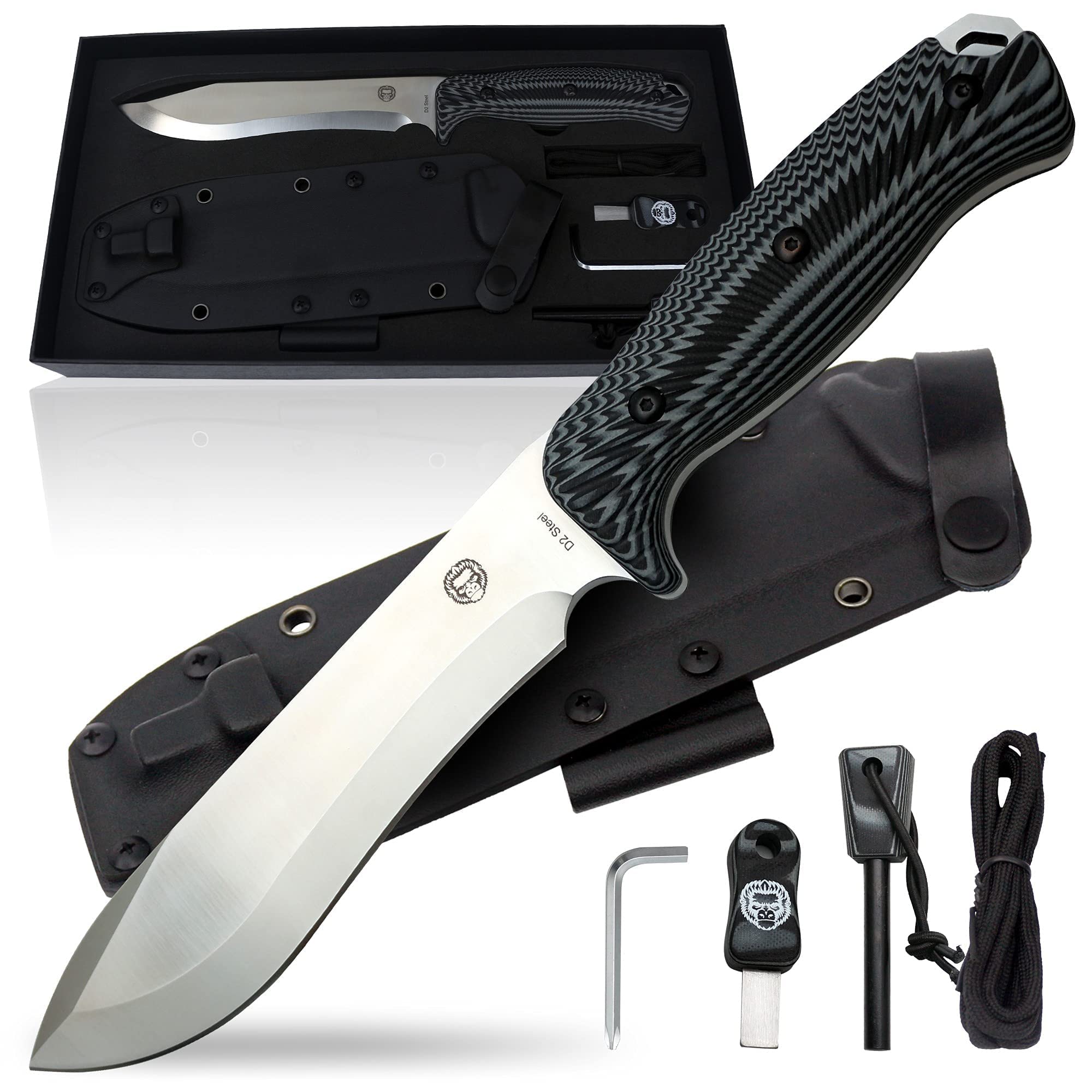 1095 High Carbon Survival Steel Knife Gift Set and Large D2 Damascus Steel Hunting Knife Bundle