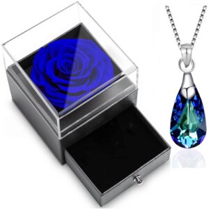 preserved blue rose box with crystal drop necklace,real eternal rose with s925 sterling silver teardrop sapphire necklace,blue birthstone pendant gift for women on valentine anniversary mothers day.