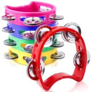 vmiapxo 5 pack colored plastic tamborines musical instrument, students small handheld tambourine percussion bulk