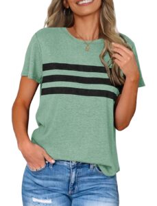 leani women’s short sleeve t shirts crewneck striped color block tunic tops loose casual summer tee green l