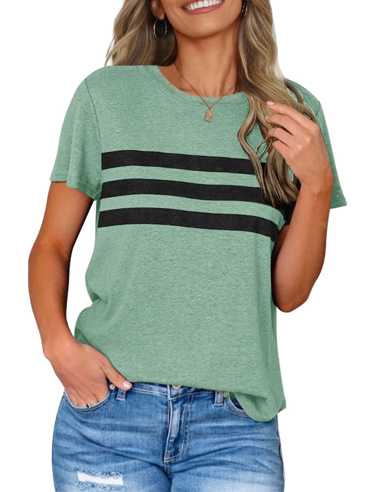 LEANI Women’s Short Sleeve T Shirts Crewneck Striped Color Block Tunic Tops Loose Casual Summer Tee Green L