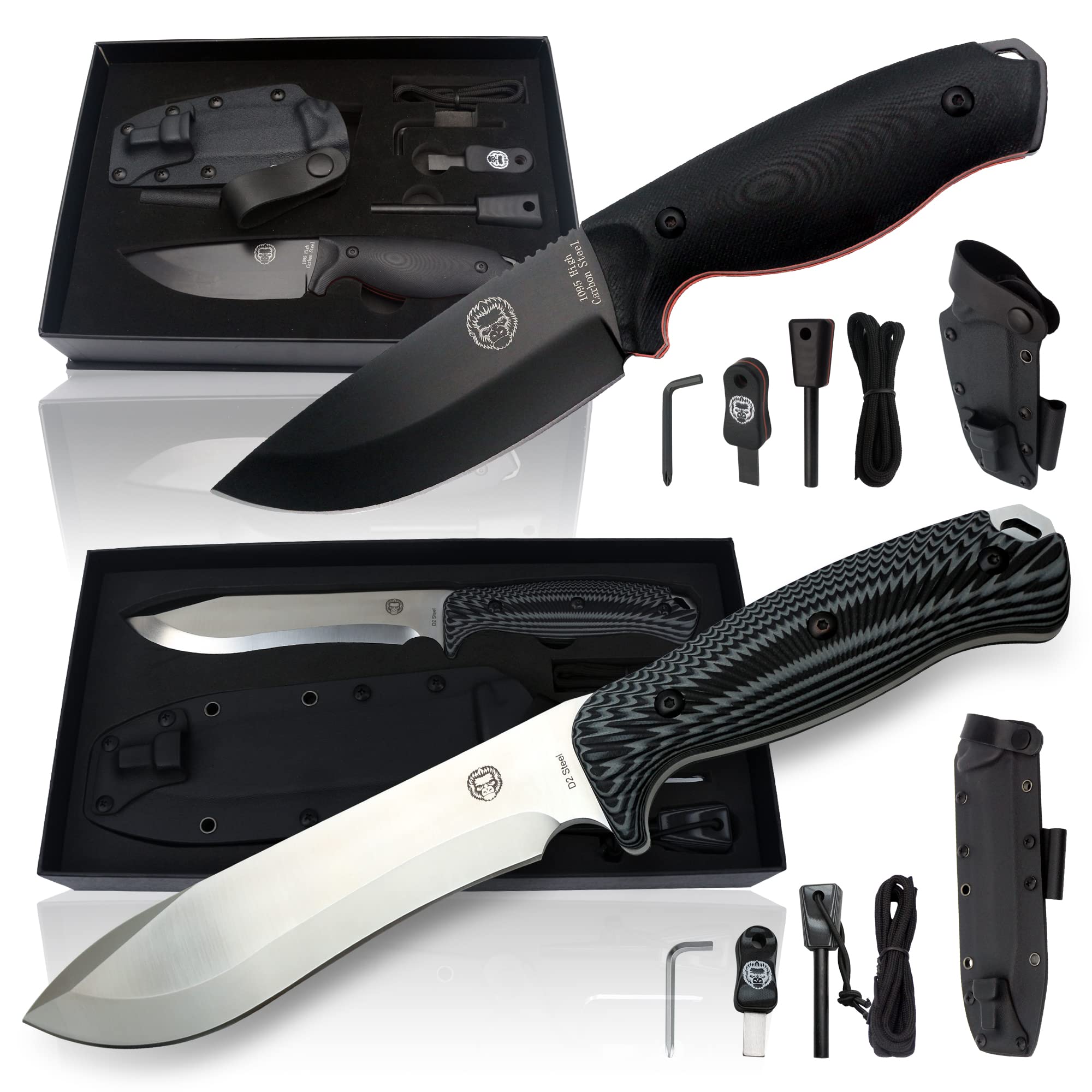 1095 High Carbon Survival Steel Knife Gift Set and Large D2 Damascus Steel Hunting Knife Bundle