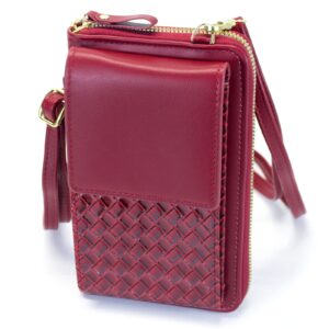 Small Crossbody Bag Phone Purse Handbag Card Zip Wallet Case Woven Leather Casual Daypack Satchel for Women(Glory Red)