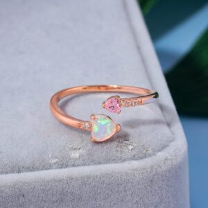 Larsidor 14K Rose Gold Plated Adjustable Heart Opal Ring for Women Ladies Stacking Rings Pink Fire Opal Jewelry