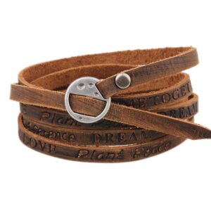 rantanto genuine leather wrap bracelets trendy western stackable cuff adjustable boho layered bracelet jewelry for men women (brown stamped words)