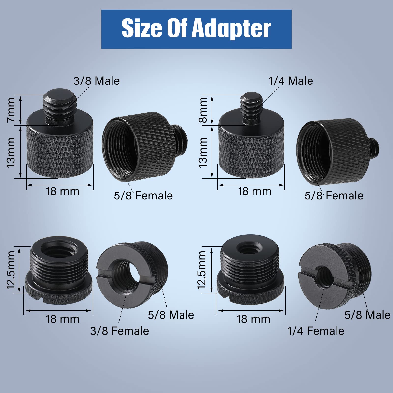 Moxweyeni 8 Pcs Mic Stand Adapter 5/8 Female to 3/8 Male, 3/8 Female to 5/8 Male, 5/8 Female to 1/4 Male and 1/4 Female to 5/8 Male Screw Thread Adapter Mic Thread Adapter Set for Microphone(Black)