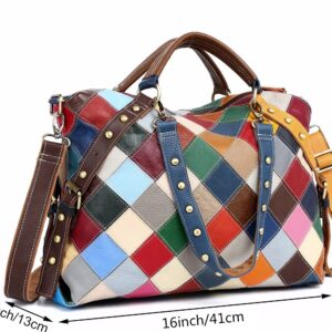 RainboSee Women Random Multicolor Handbag Genuine Leather Cube Splicing Shoulder Satchels